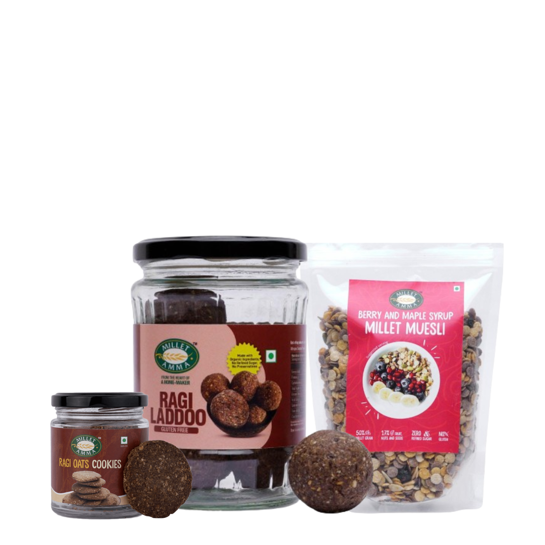 Millet Amma Sweet Bliss Combo - Ragi Ladoo + Berries Muesli + Ragi & O
